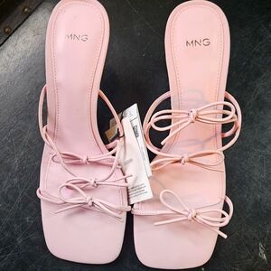 Mango | Shoes | Bow Kitten Heel Leather Pastel Pink Strappy Sandal ...